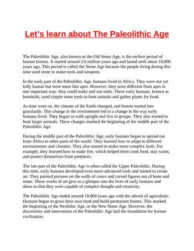 Paleolithic Age : Reading Comprehension with Multiple choice Questions ...