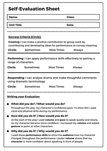Drama Performance - Self-evaluation Worksheet | Teaching Resources