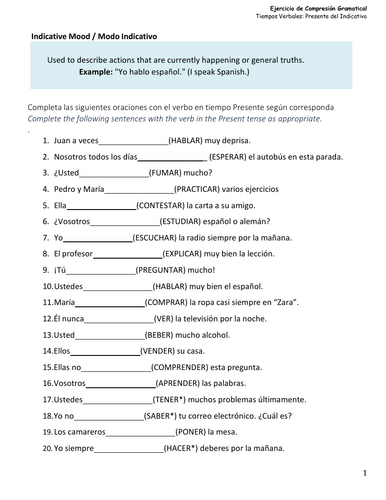 Spanish Present Tense Worksheet with 50 Gap-Filling Exercises + Answers ...