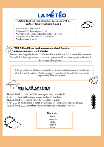 French reading aloud practise on the weather | Teaching Resources