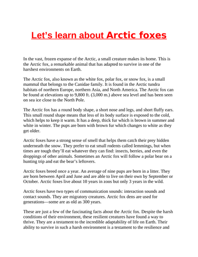 Arctic Foxes : Reading Comprehension with Multiple choice Questions ...