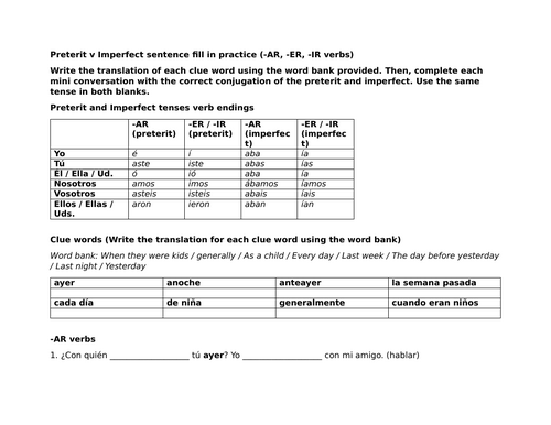 Preterit v Imperfect sentence fill in practice (-AR, -ER, -IR verbs ...
