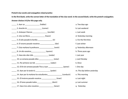 Preterit clue words and conjugation mixed practice | Teaching Resources