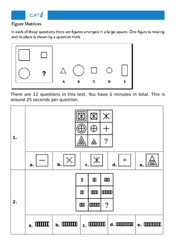 CAT4 Non-Verbal Reasoning: Figure Matrices Practice Paper | Teaching ...