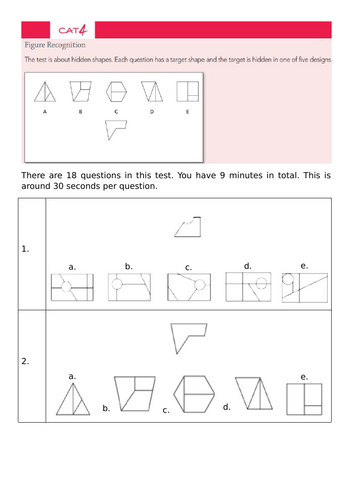 CAT4 Spatial Ability: Figure Recognition Practice Paper | Teaching ...