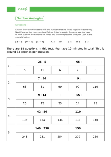 CAT4 Quantitative Reasoning: Number Analogies Practice Paper | Teaching ...