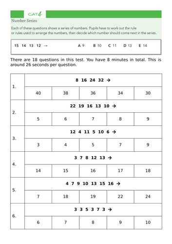 CAT4 Quantitative Reasoning: Number Series Practice Paper | Teaching ...