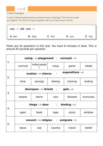 CAT4 Verbal Reasoning: Verbal Analogies Practice Paper | Teaching Resources