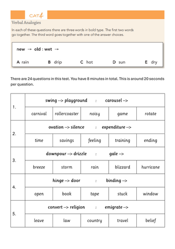 CAT4 Verbal Reasoning: Verbal Analogies Practice Paper | Teaching Resources