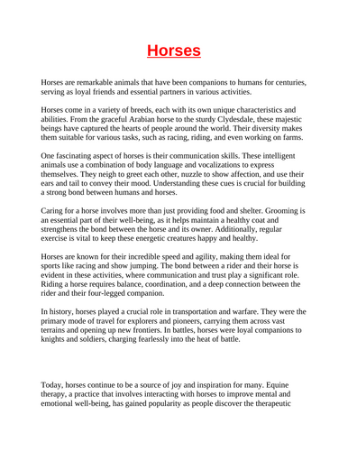 Horses : Reading Comprehension with Multiple choice Questions & Answers ...