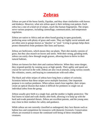 Zebras : Reading Comprehension with Multiple choice Questions & Answers ...