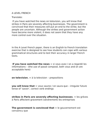 A LEVEL FRENCH translation exercise with answer key: translate to ...