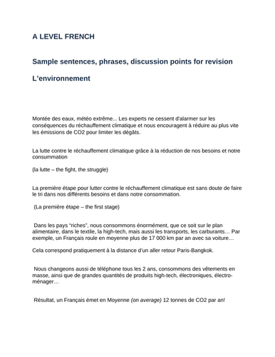 Le réchauffement climatique: GCSE FRENCH revision sheet | Teaching ...