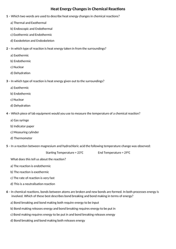 Energy Changes in Chemical Reactions Multiple Choice | Teaching Resources