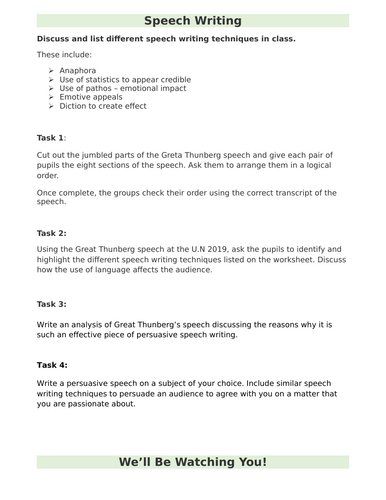 Speech Writing: Greta Thunberg U.N Speech 2019 | Teaching Resources