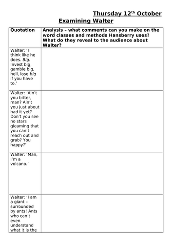 A Raisin in the Sun by Lorraine Hansberry SoW | Teaching Resources