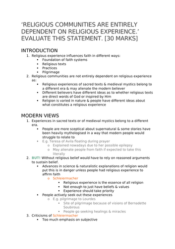 A-Level RS: Religious Experience 30 Marker + Model + Plan - Eduqas ...