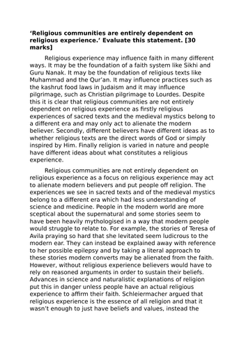 A-Level RS: Religious Experience 30 Marker + Model + Plan - Eduqas ...