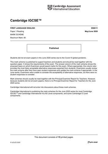 Cambridge IGCSE Paper 1 Reading - First Language English | Teaching ...