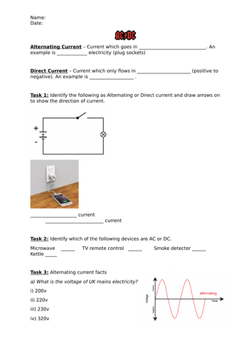 AC DC worksheet (AQA) Low ability | Teaching Resources
