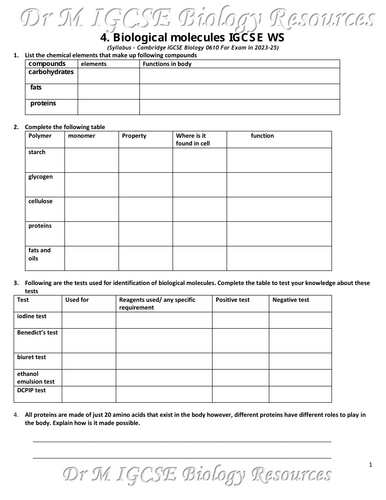 Biological Molecules Worksheet Organic Molecules (Biomolecules)