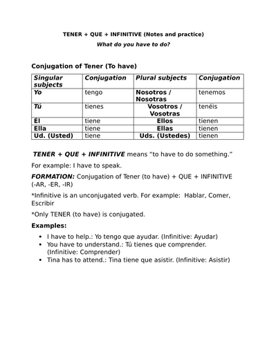 TENER + QUE + INFINITIVE (Notes and practice) | Teaching Resources
