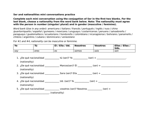 Ser and nationalities mini conversations practice | Teaching Resources