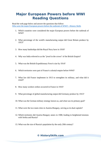 Major European Powers before WWI Reading Questions Worksheet | Teaching ...