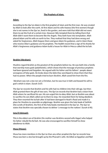 Prophets in Islam Edexcel Ethics, Religion and life GCSE specification ...