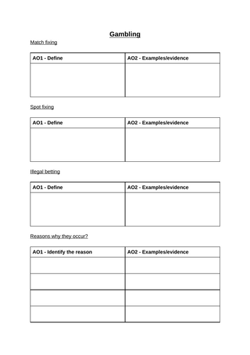 OCR A Level PE gambling worksheet | Teaching Resources