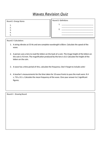 AQA Physics Waves Pub Quiz | Teaching Resources