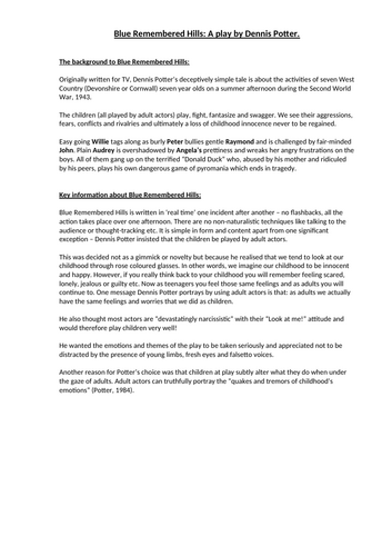 Blue remembered hills scheme of work. | Teaching Resources