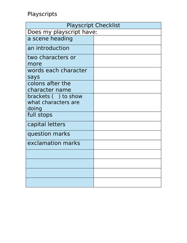 Playscript Checklist | Teaching Resources