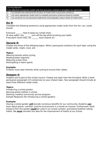 Master Modal Verbs: Persuasive Writing Worksheet for 7-11 Year Olds ...