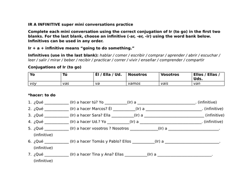 IR A INFINITIVE super mini conversations practice | Teaching Resources