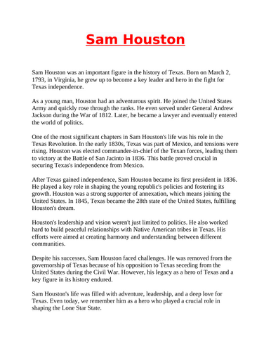 Sam Houston : Reading Comprehension with Multiple choice Questions ...