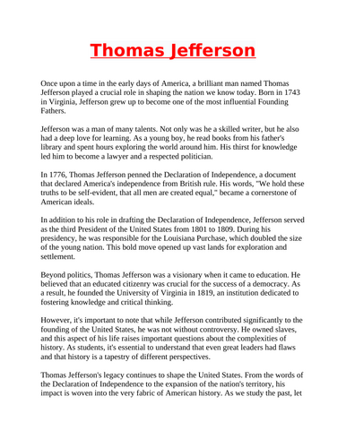 Thomas Jefferson : Reading Comprehension with Multiple choice Questions ...