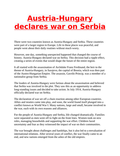 Austria-Hungary declares war on Serbia : Reading Comprehension ...