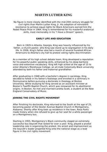 KEY STAGE 3 CIVIL RIGHTS UNIT OF WORK. LESSONS 6 AND 7 MARTIN LUTHER ...
