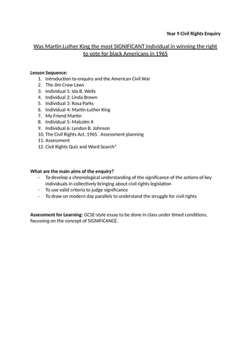 KEY STAGE 3 CIVIL RIGHTS UNIT OF WORK LESSONS 10-12 | Teaching Resources