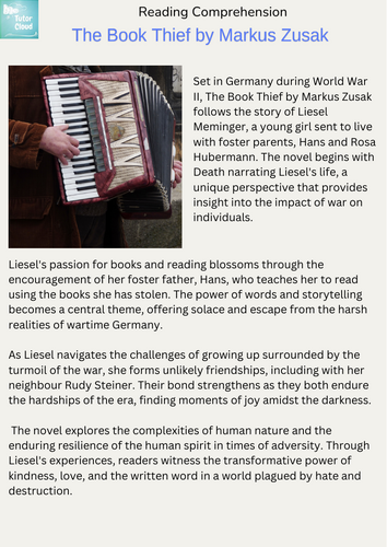 The Book Thief by Markus Zusak Reading Comprehension Worksheet ...