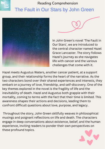 The Fault in Our Stars by John Green Reading Comprehension Worksheet ...