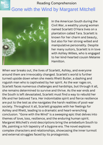 Gone with the Wind by Margaret Mitchell Reading Comprehension Worksheet ...