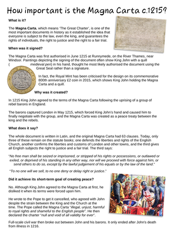KS3 Hastings to Magna Carta: Lesson 8 - How important was the Magna ...