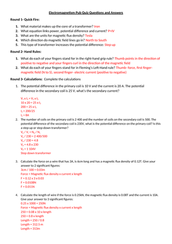 AQA Physics Electromagnetism Pub Quiz | Teaching Resources