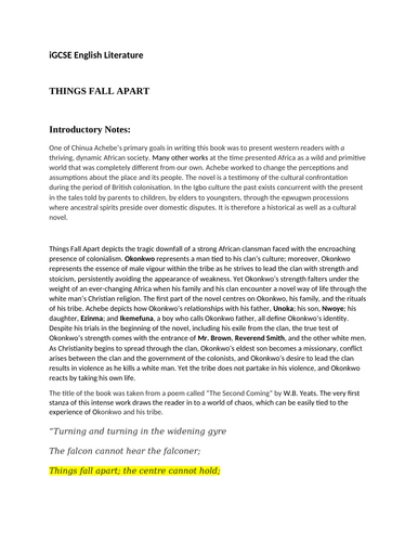 GCSE ENGLISH LITERATURE: revision notes "Things Fall Apart" | Teaching ...
