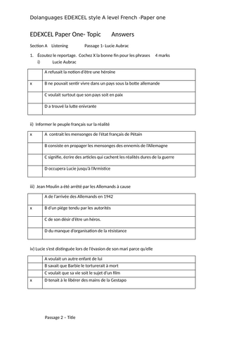 EDEXCEL A level French practice paper one WW2 topics 10, 11, 12 ...