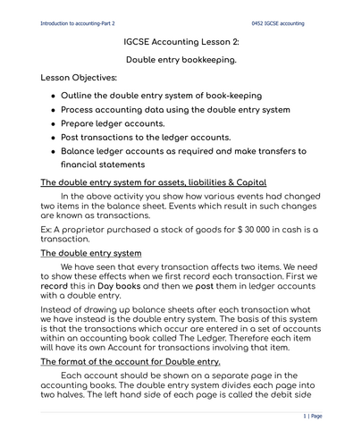Lesson 2 Double entry bookkeeping (Accounting 0452) | Teaching Resources
