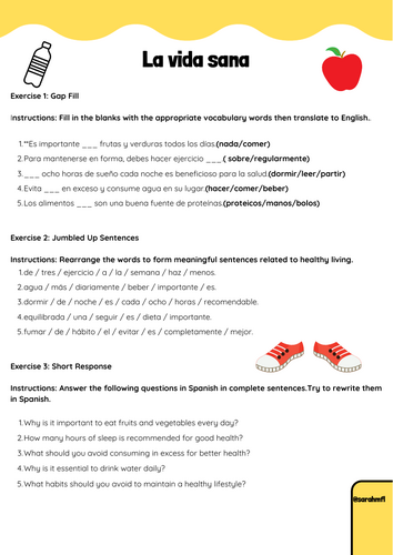 Spanish vida sana GCSE AQA worksheet | Teaching Resources