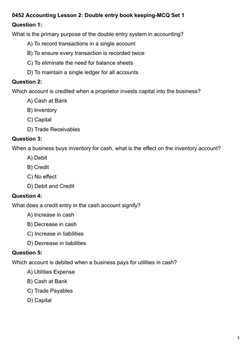 0452 Accounting Lesson 2: Double entry book keeping-MCQ Set 1 ...
